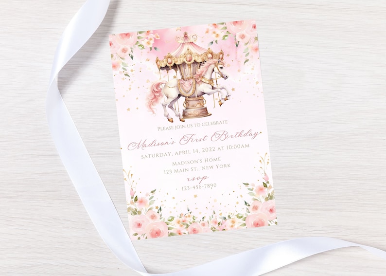 Editable Carousel Birthday Invitation-pink Carousel Invite First ...