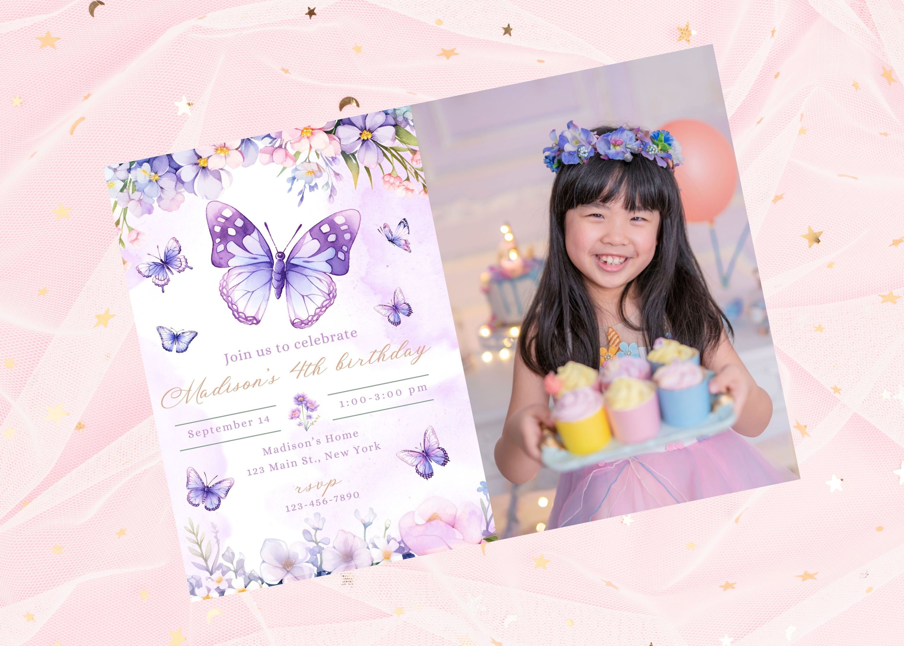 Editable Butterfly Birthday Photo Invitation Template-purple Butterfly ...