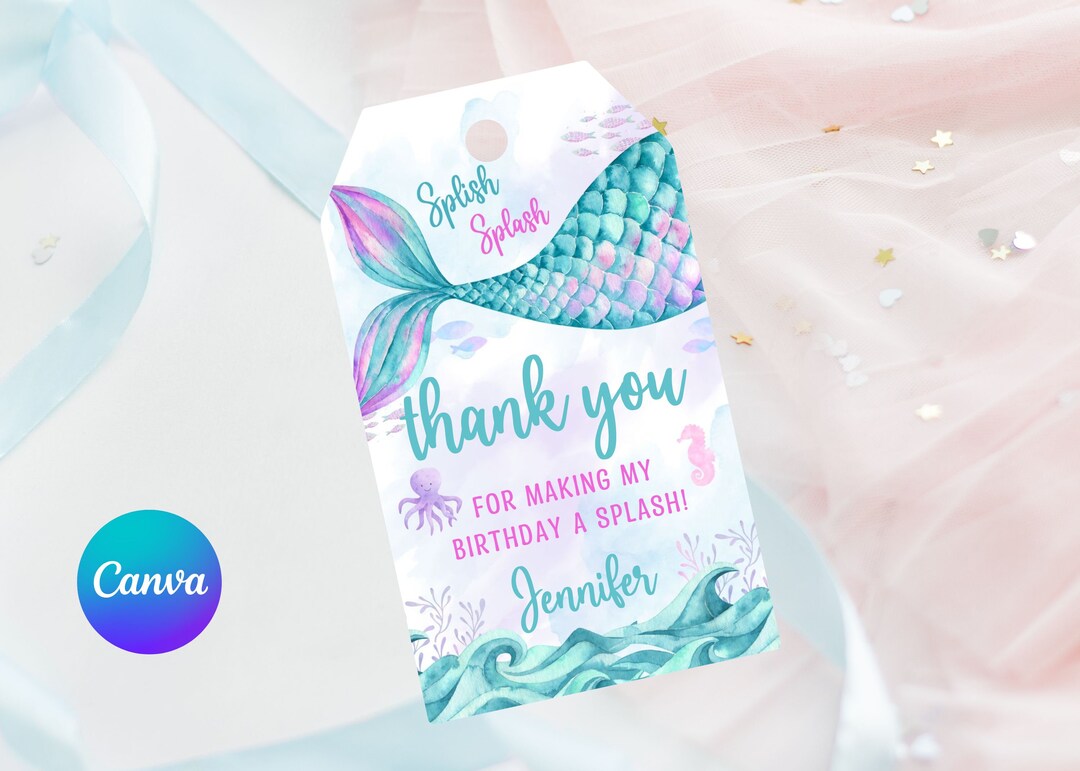 Editable Mermaid Tail Birthday Thank You Tag Template-mermaid Gift Tag ...