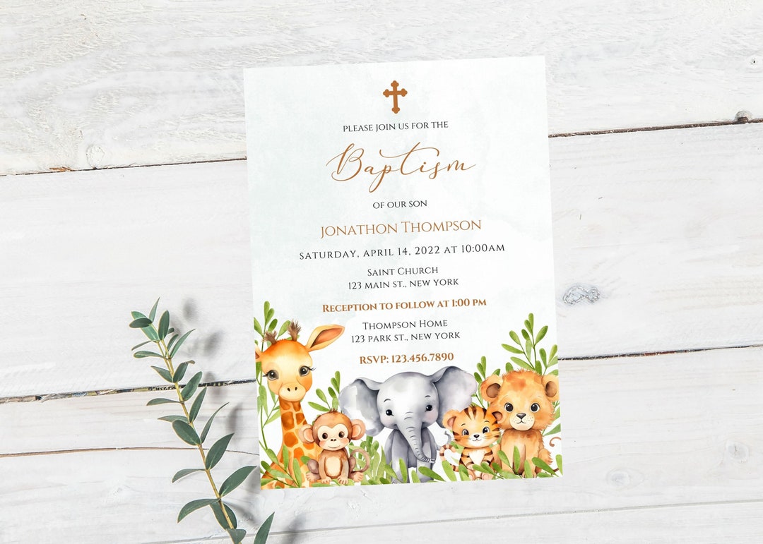 Editable Jungle Animal Baptism Invitation-safari Animal Baptism Invite ...