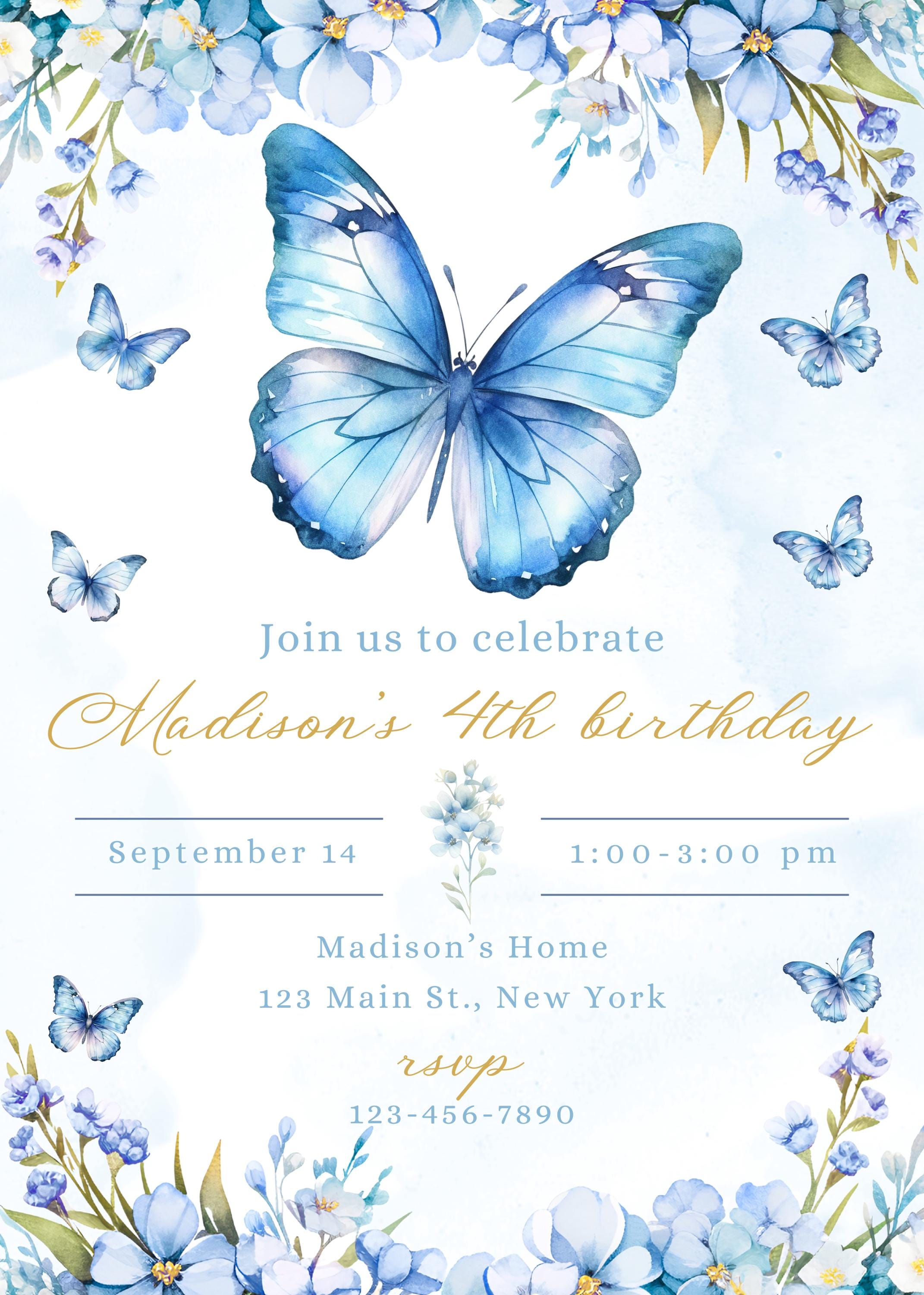 Editable Butterfly Birthday Invitation-blue Butterfly Party Invite ...