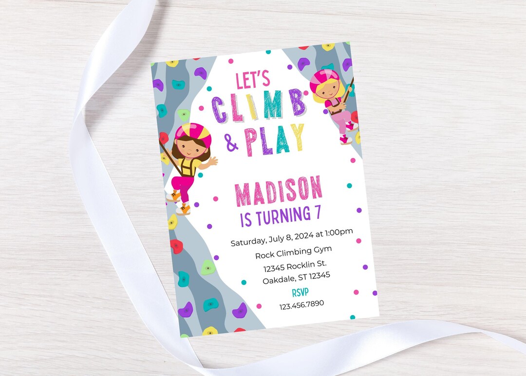 Editable Girl Rock Climbing Birthday Invitation Template-rock Climbing ...