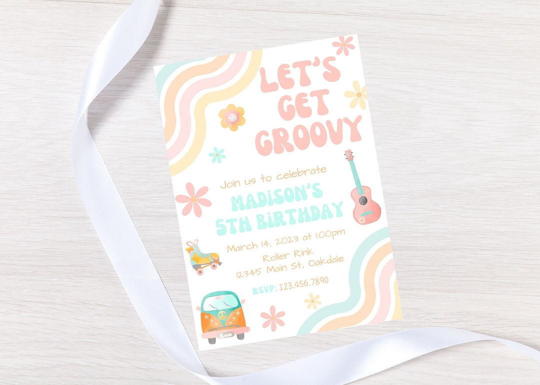 Editable Groovy Birthday Invitation-let's Get Groovy Daisy Rainbow ...