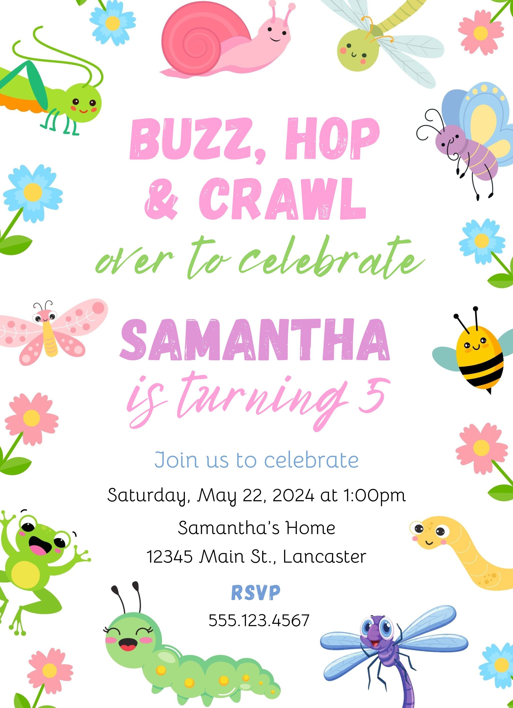 Editable Bug Birthday Invitation Template-pink Insect Birthday Party ...