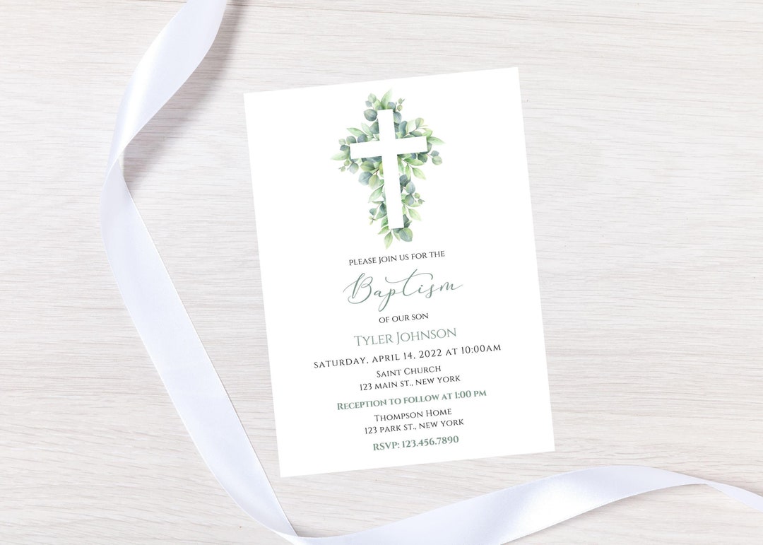 Editable Baptism Invitation-eucalyptus Cross Invite-greenery Baptism ...