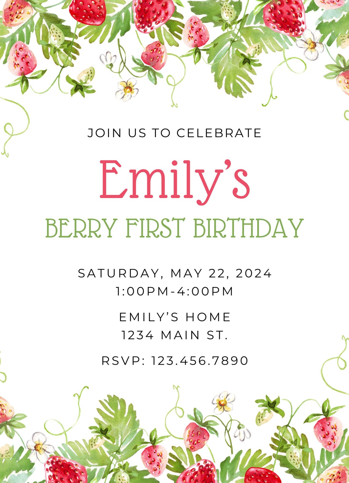 Editable Strawberry Birthday Invitation Template-strawberry First ...