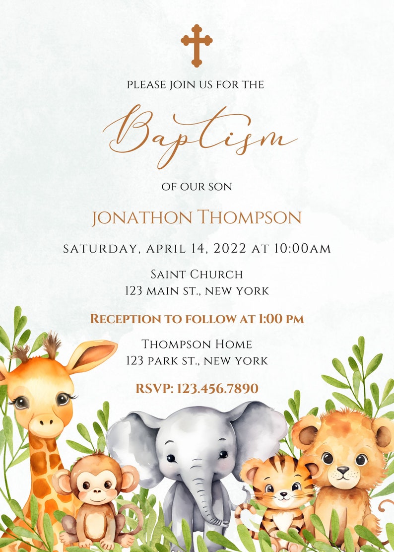 Editable Jungle Animal Baptism Invitation-safari Animal Baptism Invite ...