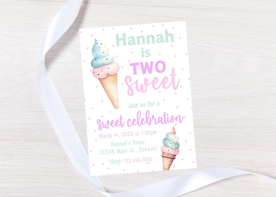 Editable Two Sweet Birthday Invitation Template-ice Cream Birthday ...