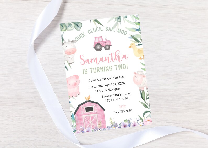 Editable Pink Farm Birthday Invitation-farm Party Invite-barn Animal Invitation-instant Download ...