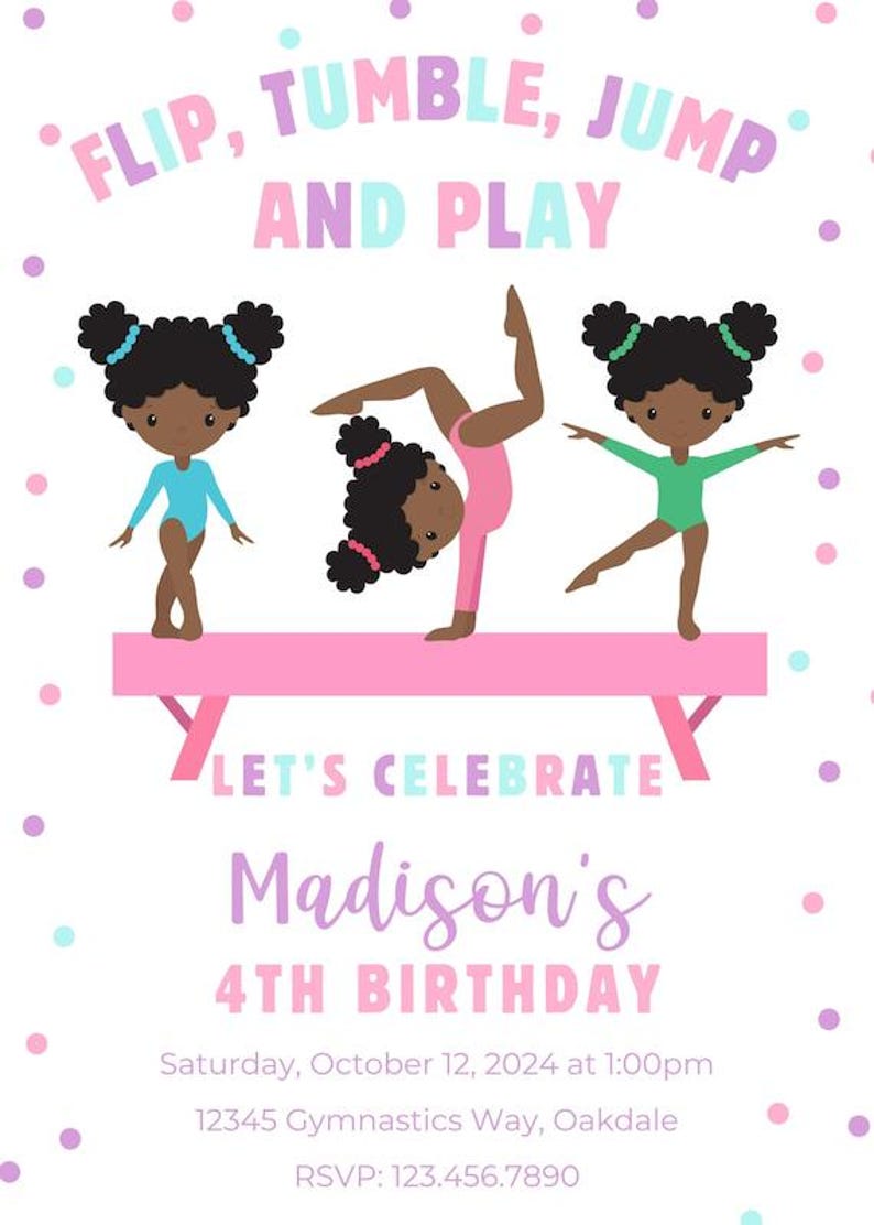 Editable Gymnastics Birthday Invitation Template | Tumble, Flip & Play ...