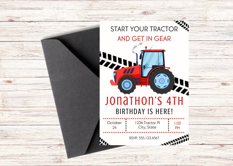 Tractor Birthday Invitation-tractor Invite-tractor Invitation-red ...
