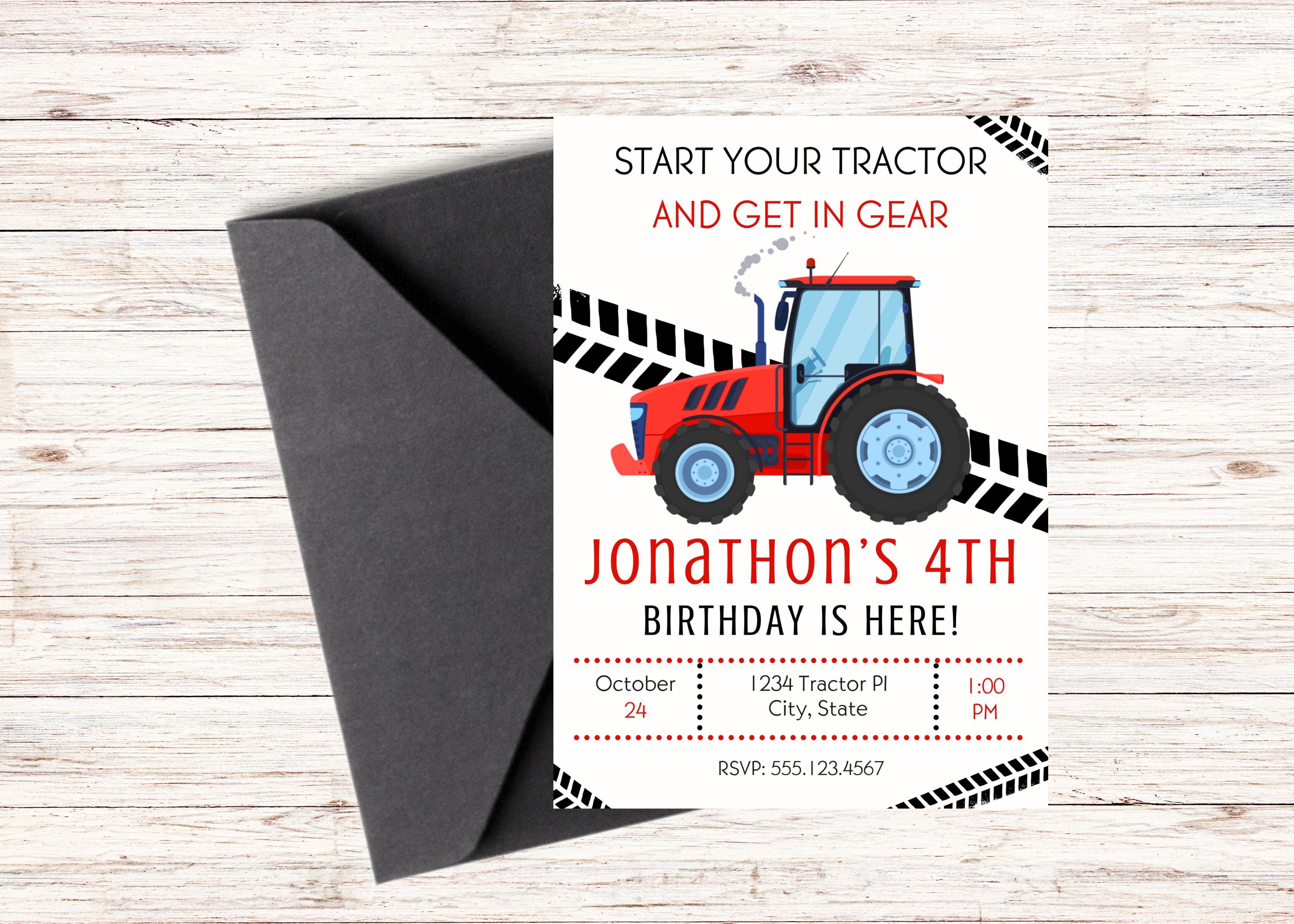 Tractor Birthday Invitation-tractor Invite-tractor Invitation-red ...