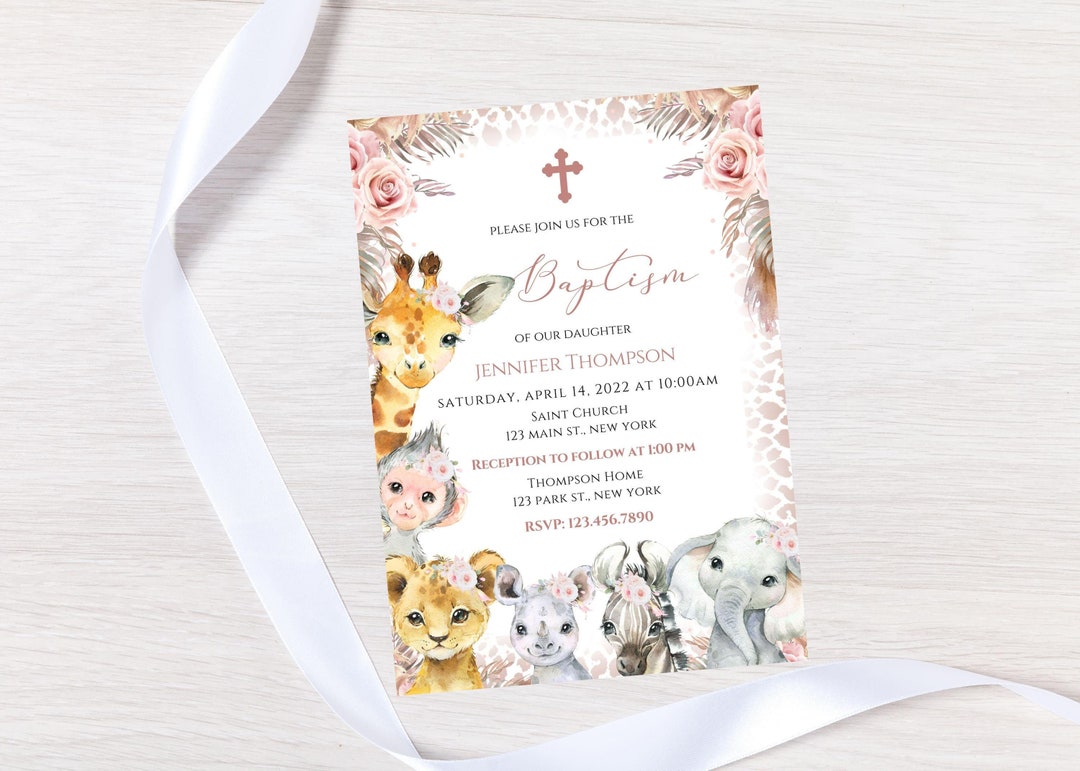 Editable Safari Animal Baptism Invitation-pink Safari Animal Invite ...