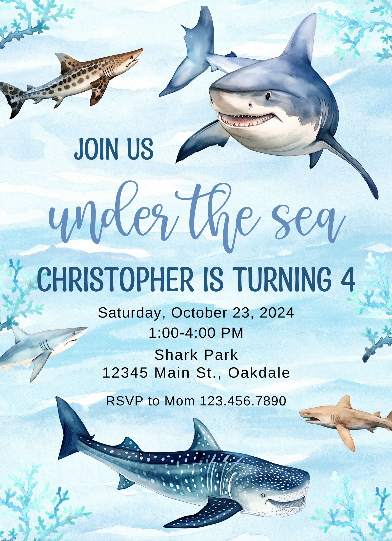 Editable Shark Birthday Invitation Template-under the Sea Invite-shark ...