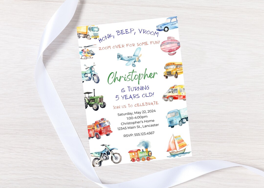 Transportation Birthday Invitation Template-vehicle Birthday Invite ...