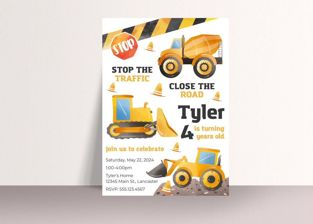 Construction Truck Birthday Invitation-bulldozer Invite -construction ...