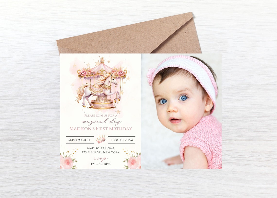 Editable Carousel Birthday Invitation Template-horse Carousel Photo ...