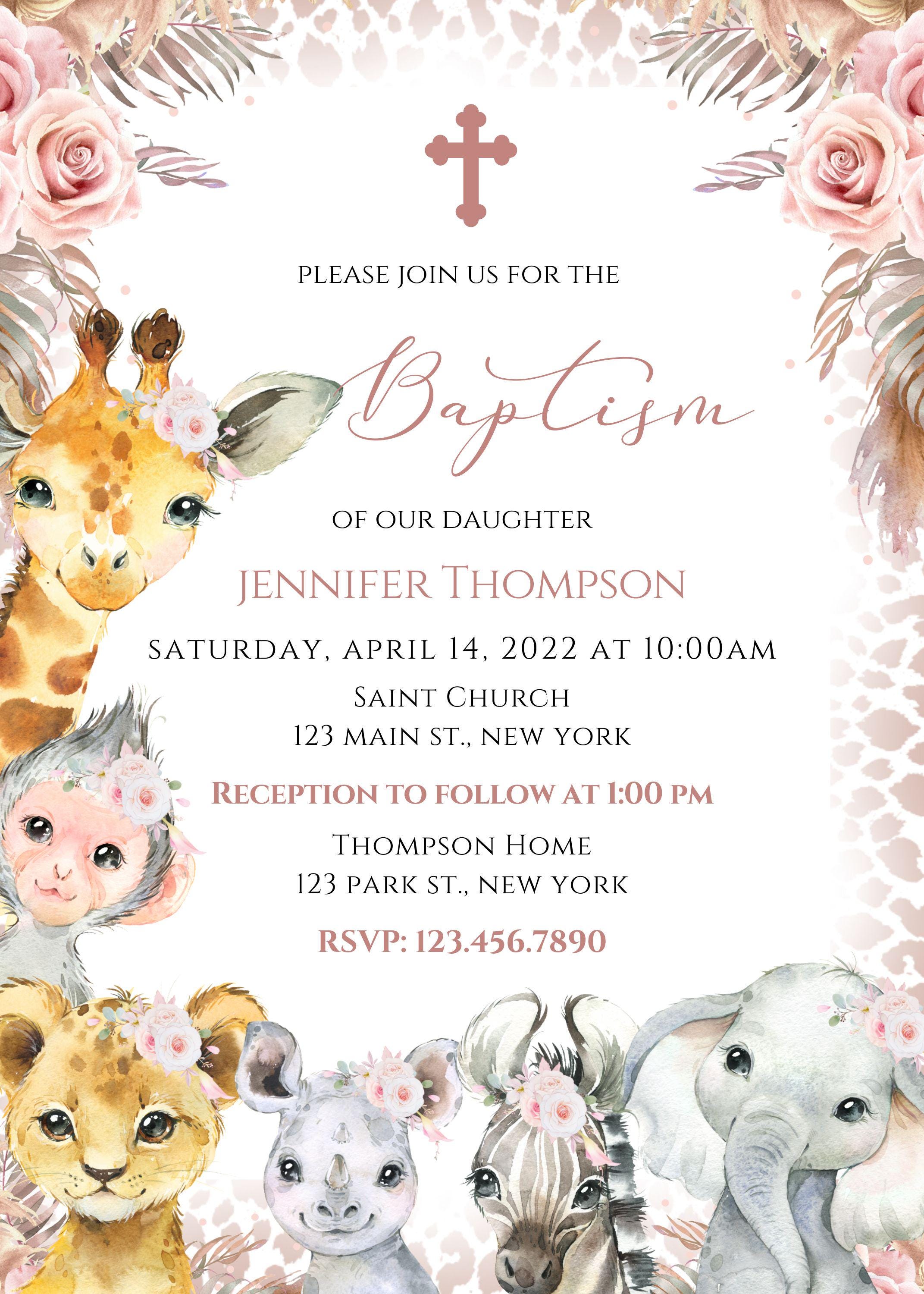 Editable Safari Animal Baptism Invitation-pink Safari Animal Invite ...