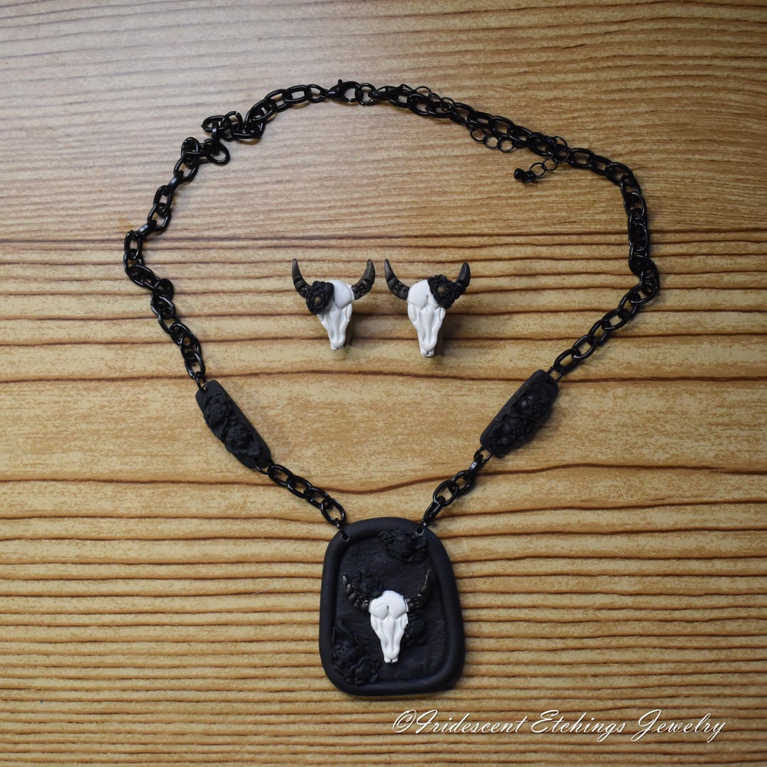 Handmade Polymer Clay Bison Skull Necklace and Matching Stud Earrings ...