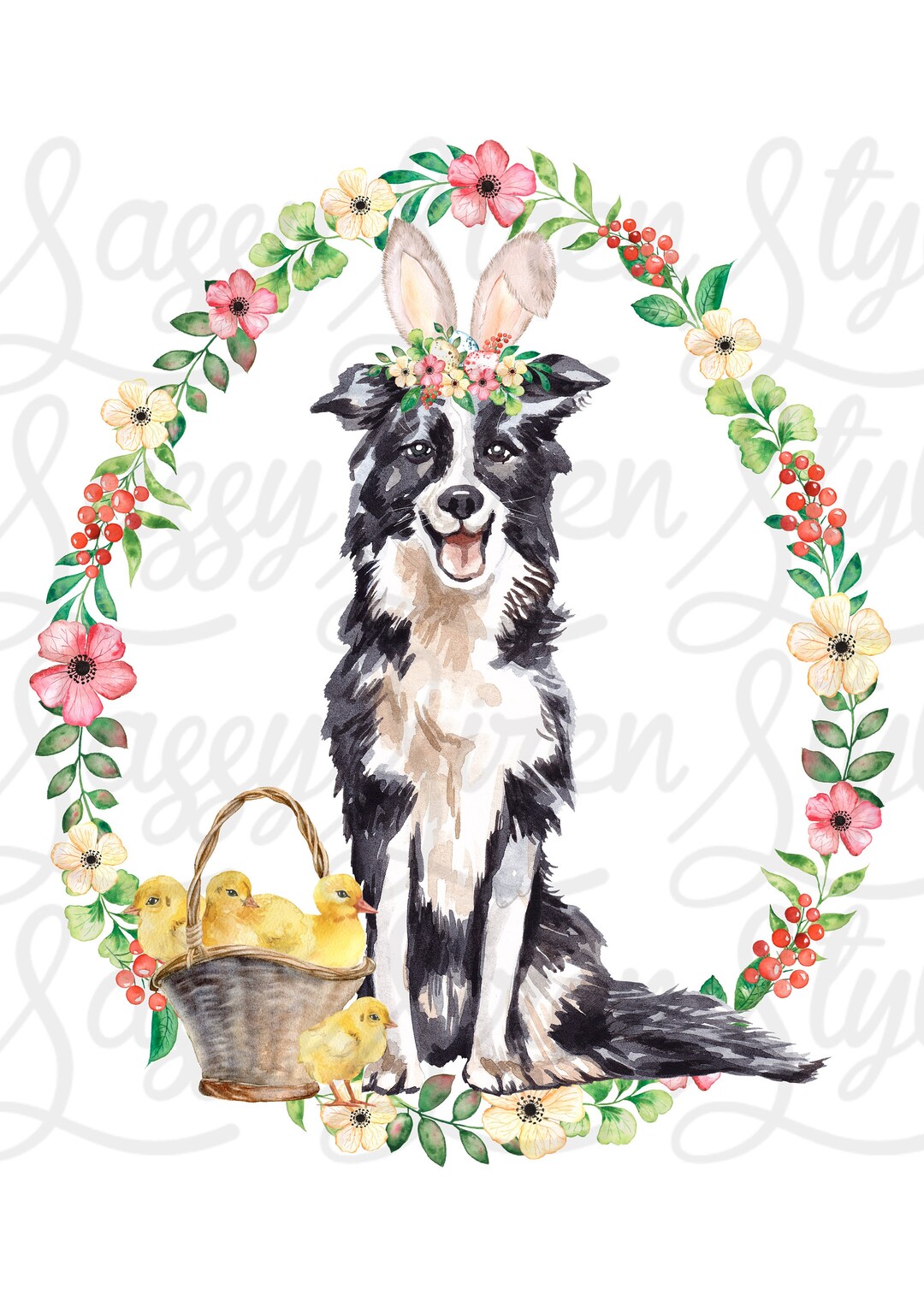 Easter Bunny Border Collie Watercolor Floral Digital Design Png - Etsy
