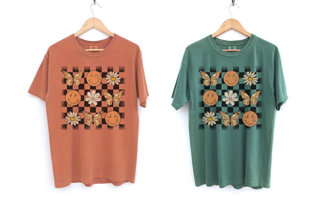 Comfort Colors Retro Checkers Smiley Faces and Butterflies Graphic Tee ...
