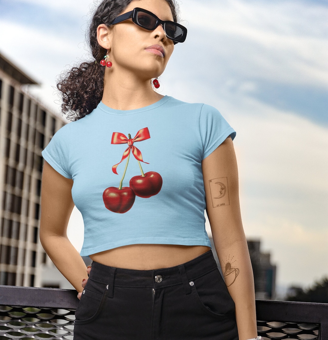 Cherries With Bow Graphic Baby Tee, Trendy Aesthetic Tee - Etsy