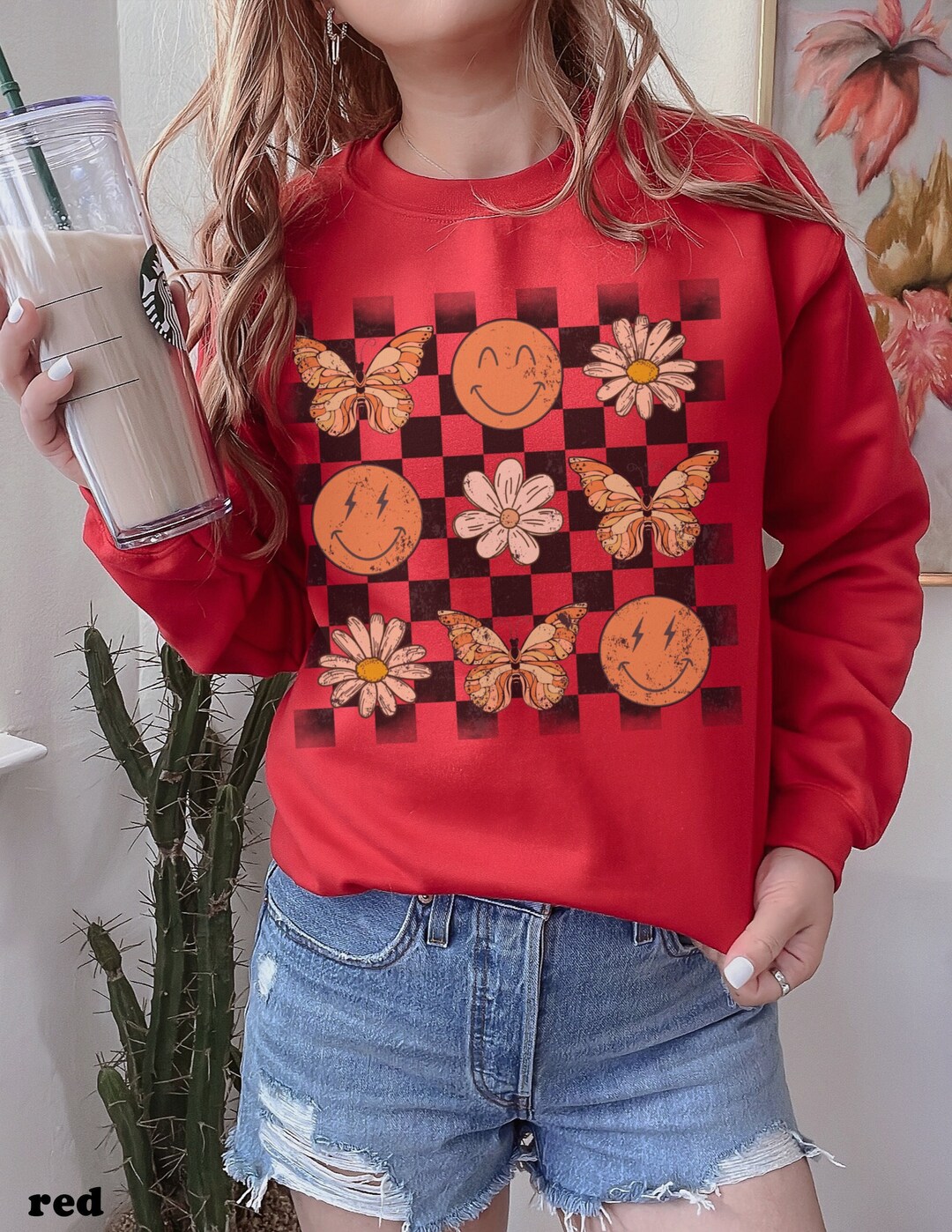 Retro Checkers Smiley Faces and Butterflies Crewneck Sweatshirt - Etsy