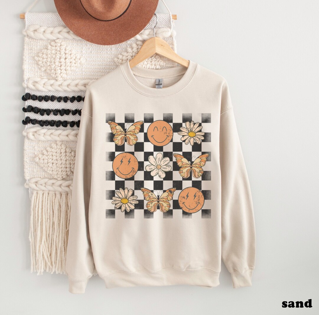 Retro Checkers Smiley Faces and Butterflies Crewneck Sweatshirt - Etsy