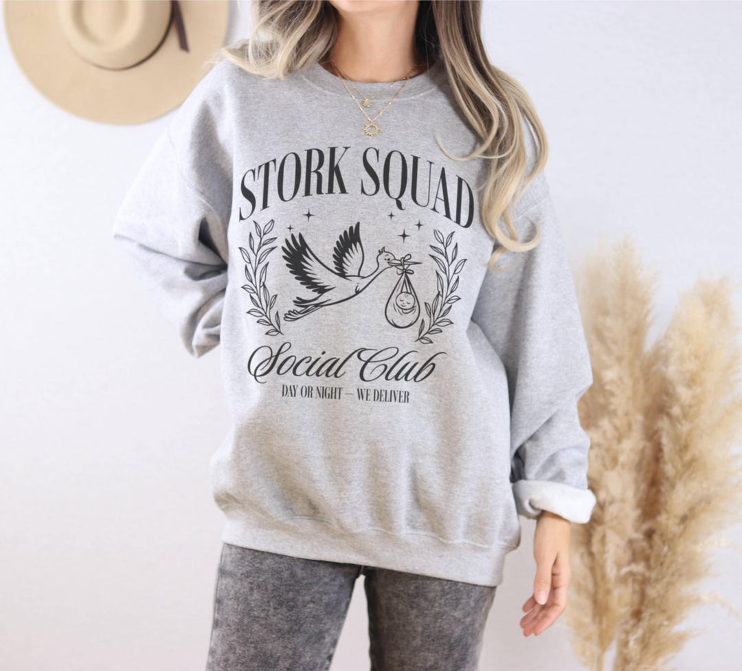 Stork Squad Social Club Crewneck, Tee, or Tote | Funny Midwife Gift ...