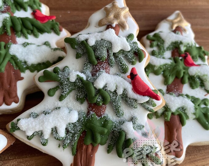Snow Tree Cardinal Decorated Cookie, Christmas Tree, Snow, Winter ...