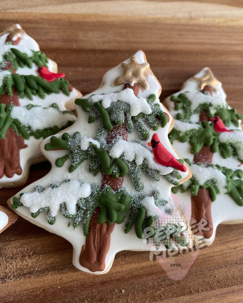 Snow Tree Cardinal Decorated Cookie, Christmas Tree, Snow, Winter ...