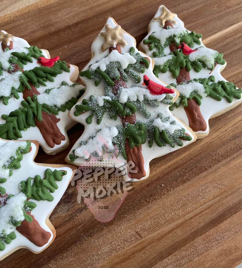 Snow Tree Cardinal Decorated Cookie, Christmas Tree, Snow, Winter ...