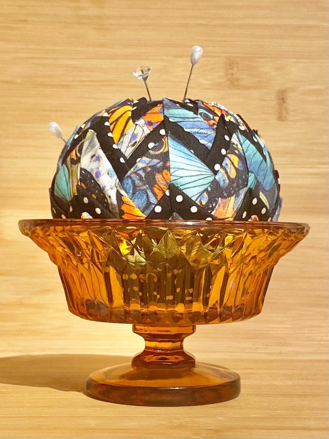 Butterfly Quilted Pincushion, Vintage Glass, Upcycled, Repurposed ...