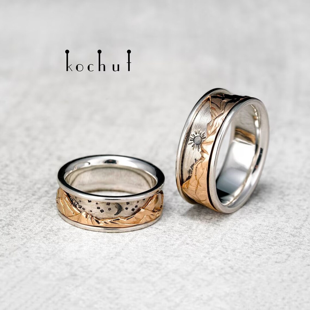 Nature Wedding Band With Mountain, Couples Wedding Rings Set, Twins ...