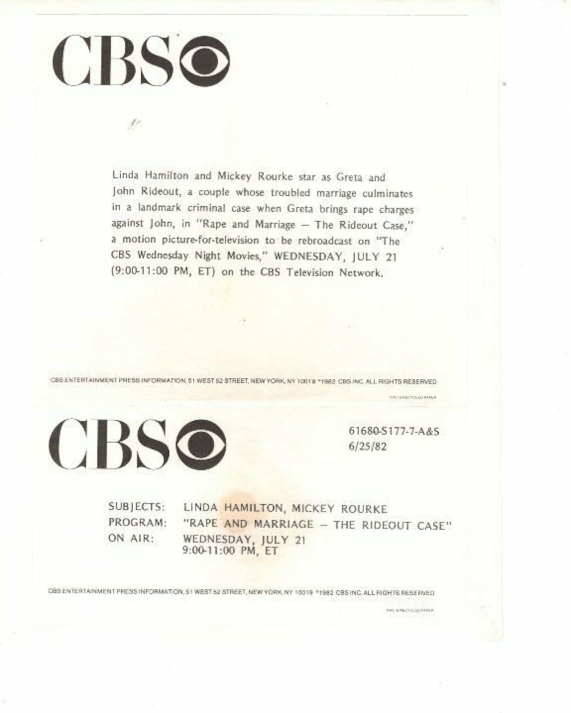 Mickey Rourke and Linda Hamilton Signed Autographed 7x9 Original Press ...