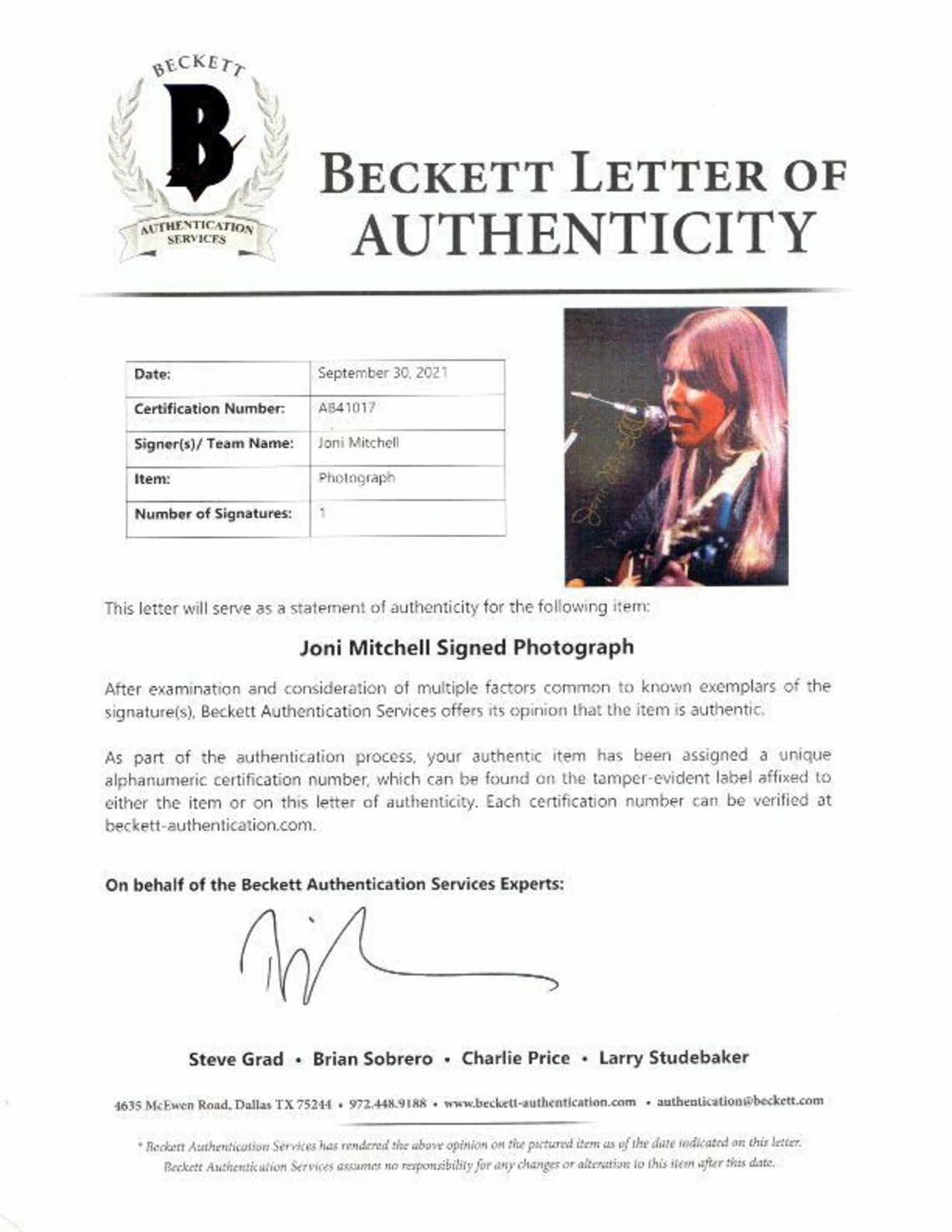 Joni Mitchell Signed 8x10 Photo Beckett Bas Loa - Etsy