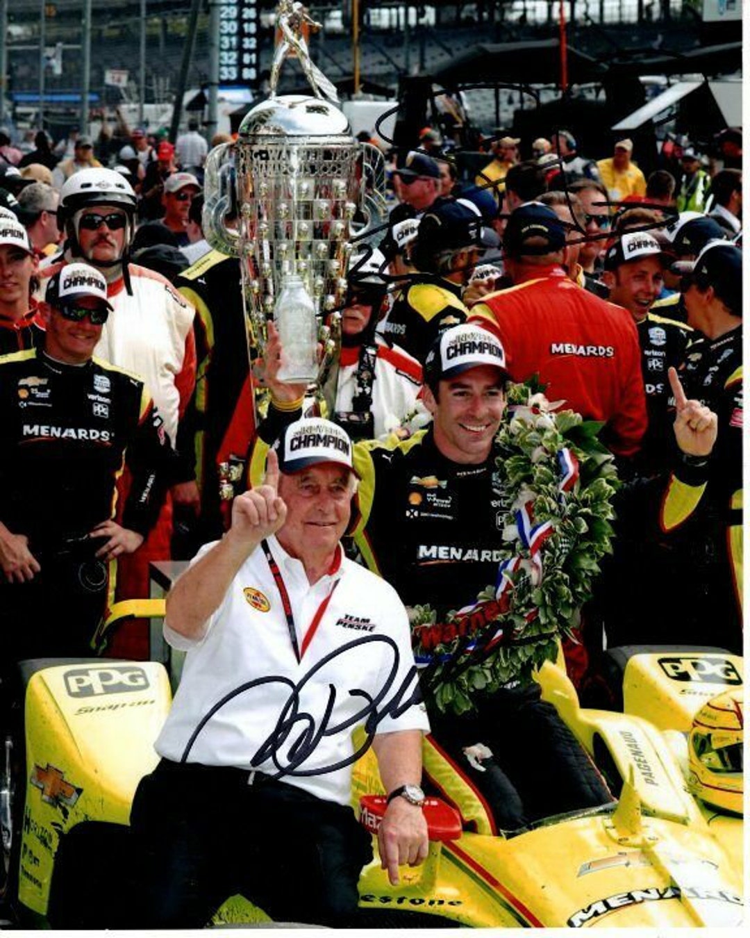 Roger Penske and Simon Pegenaud Signed 8x10 Indy 500 Borg Warner Trophy ...