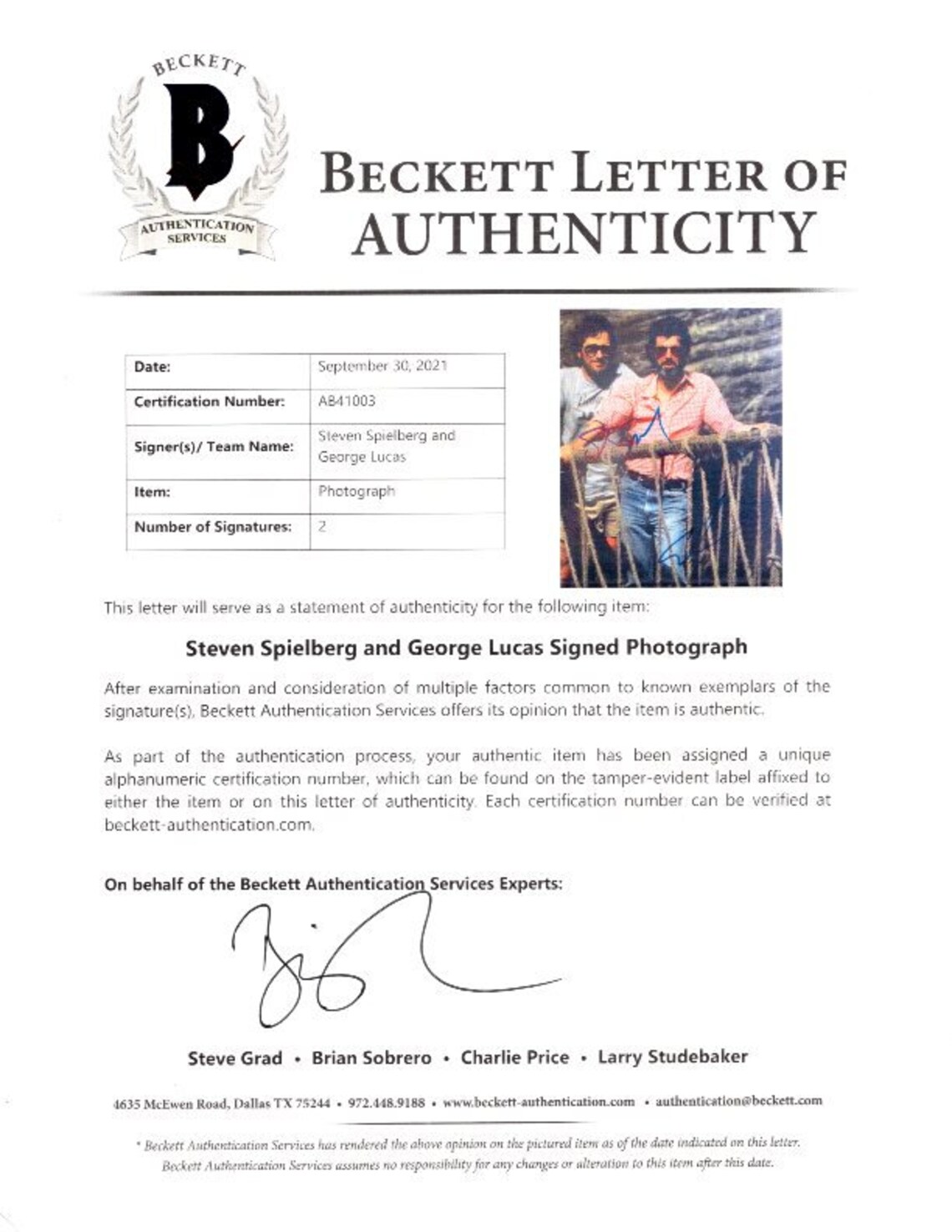 Steven Spielberg and George Lucas Signed Autographed 8x10 Photograph ...