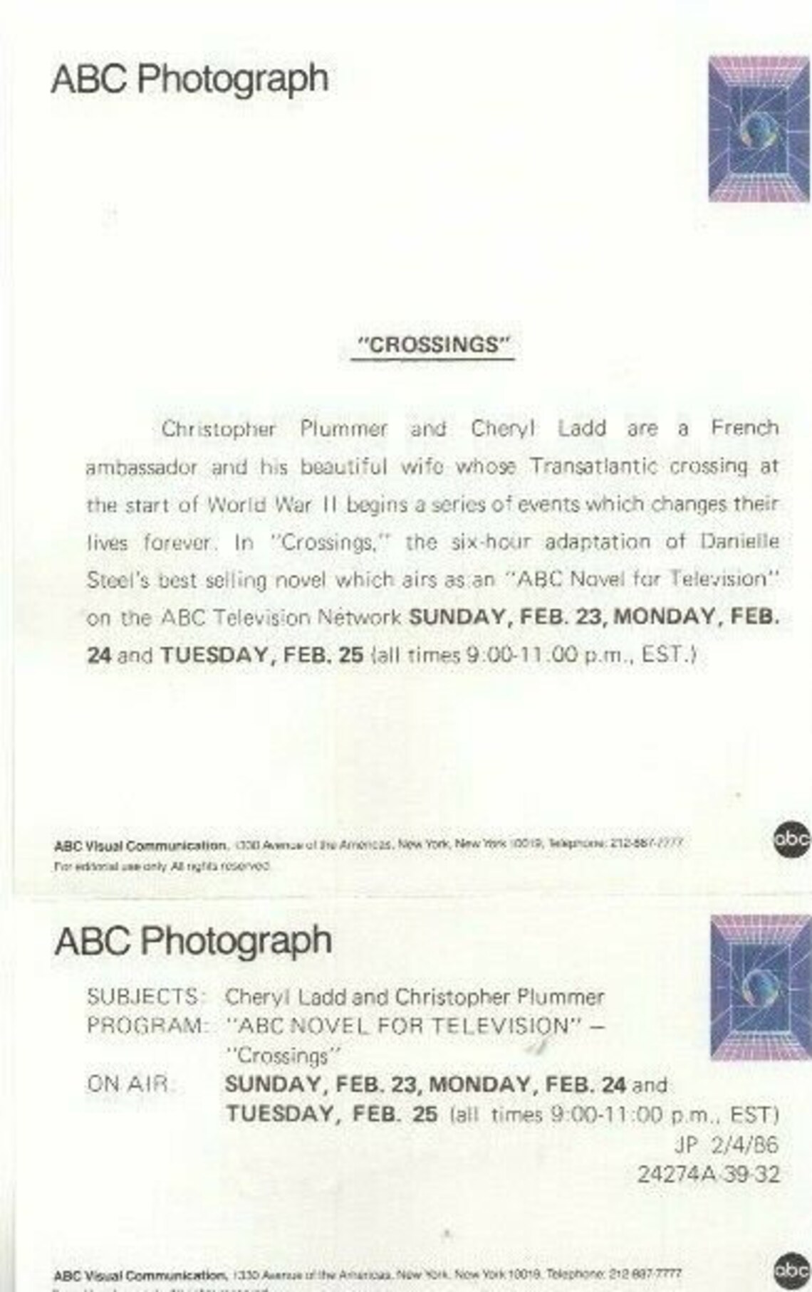 Christopher Plummer and Cheryl Ladd Signed Crossings Original Press 7x9 ...