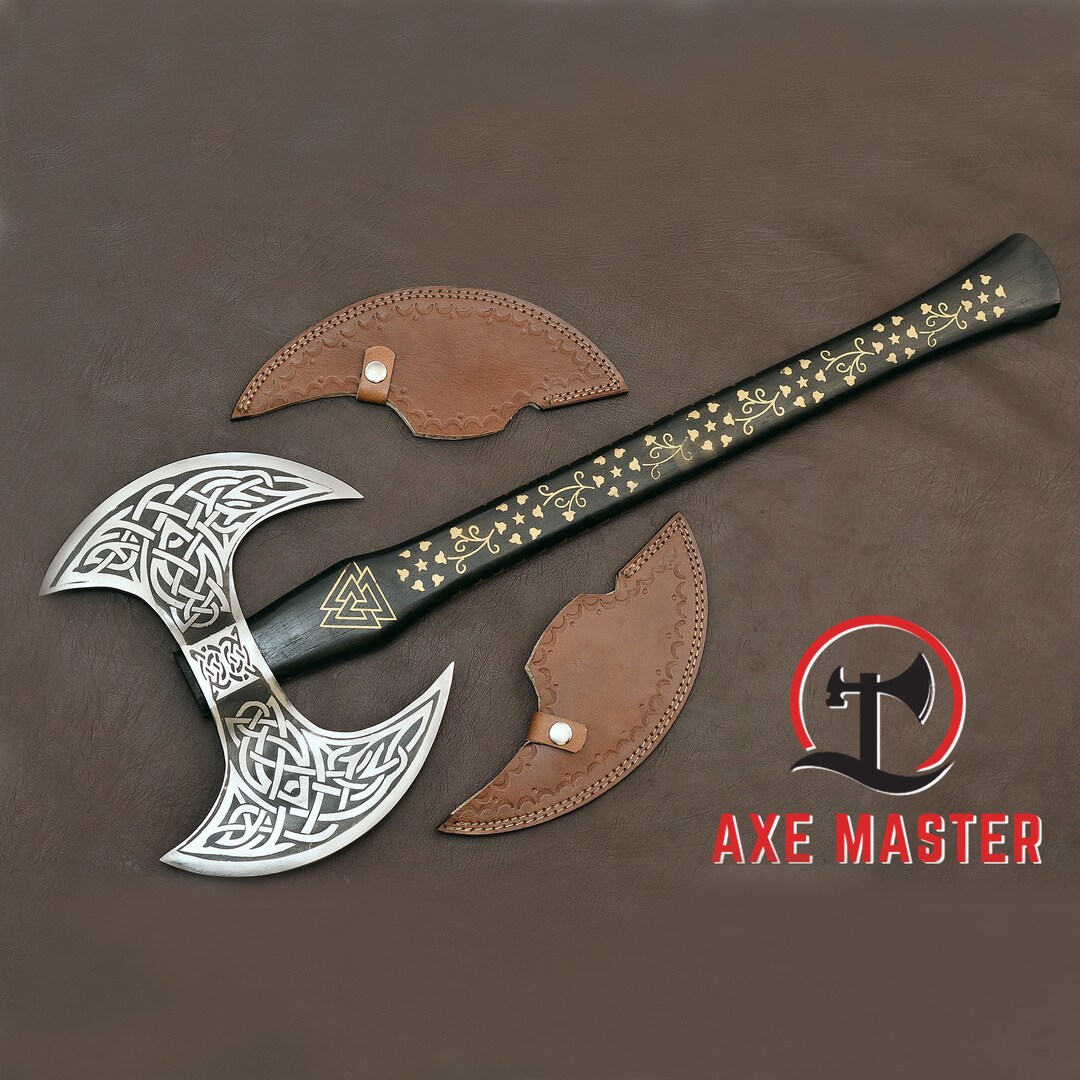 Hand Forged Double Head AX With Beautiful Leather Sheath BLADE Etching ...