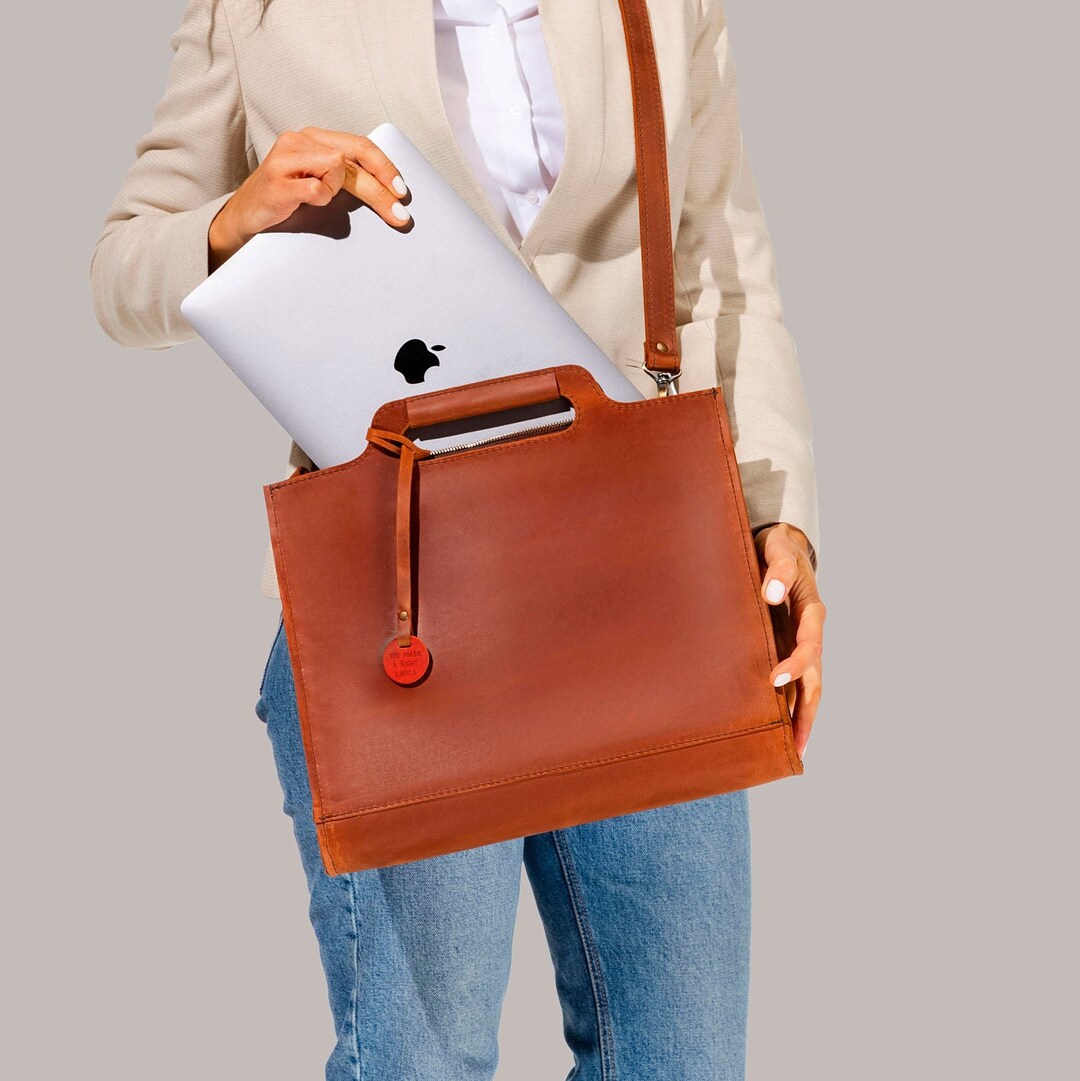 Leather Tote Bag With Pocket, Modern Day Briefcase for Woman, Real ...