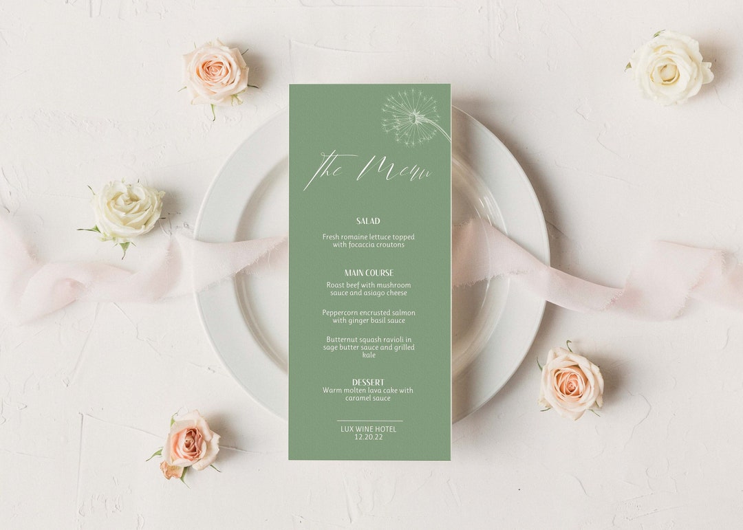 Sage Green Wedding Menu Template (FREE BACK SIDE) Editable Minimal and ...