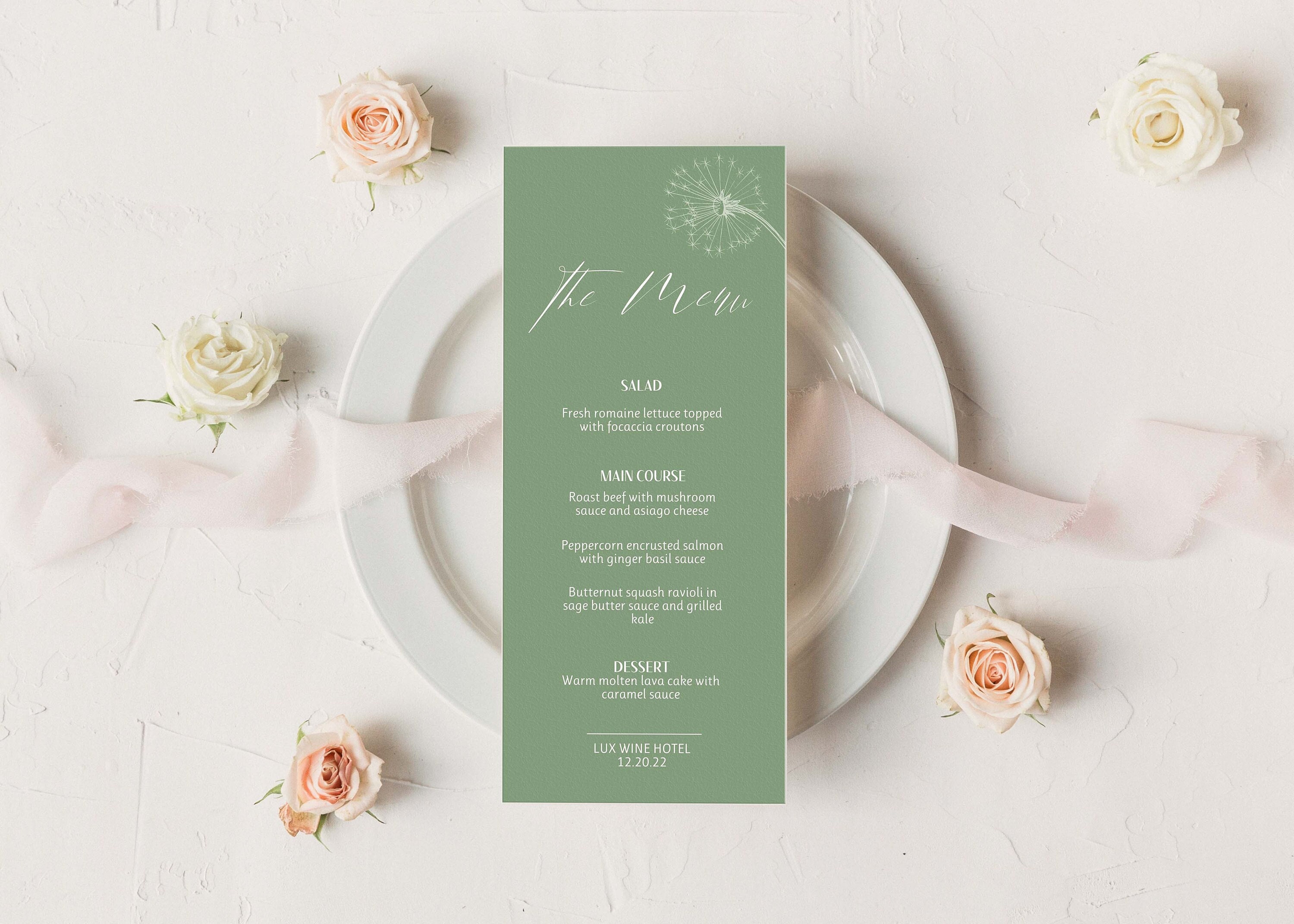 Sage Green Wedding Menu Template (FREE BACK SIDE) Editable Minimal and ...