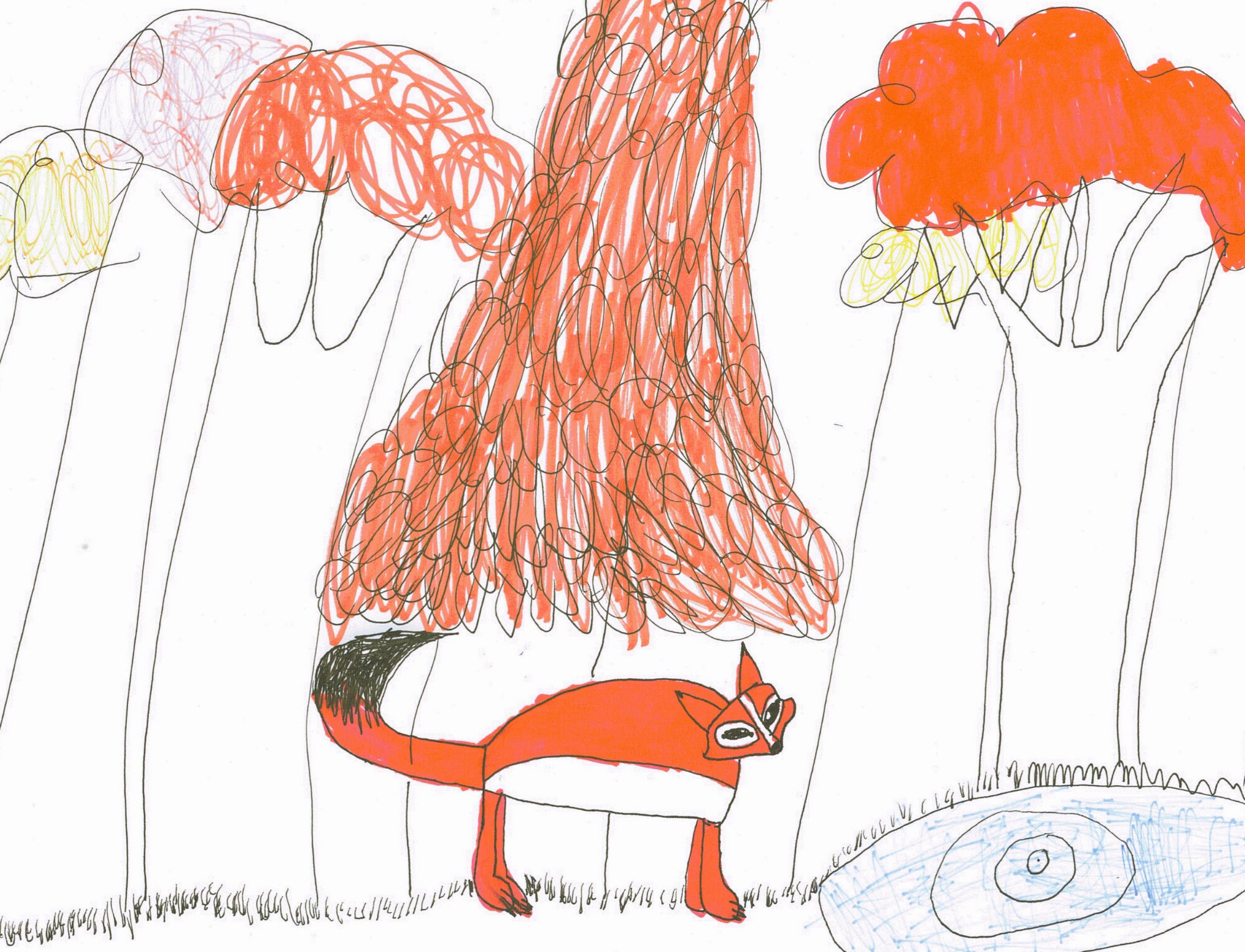 Printable Hand-drawn Fox in Forest Child-drawn Art Digitial Nature ...