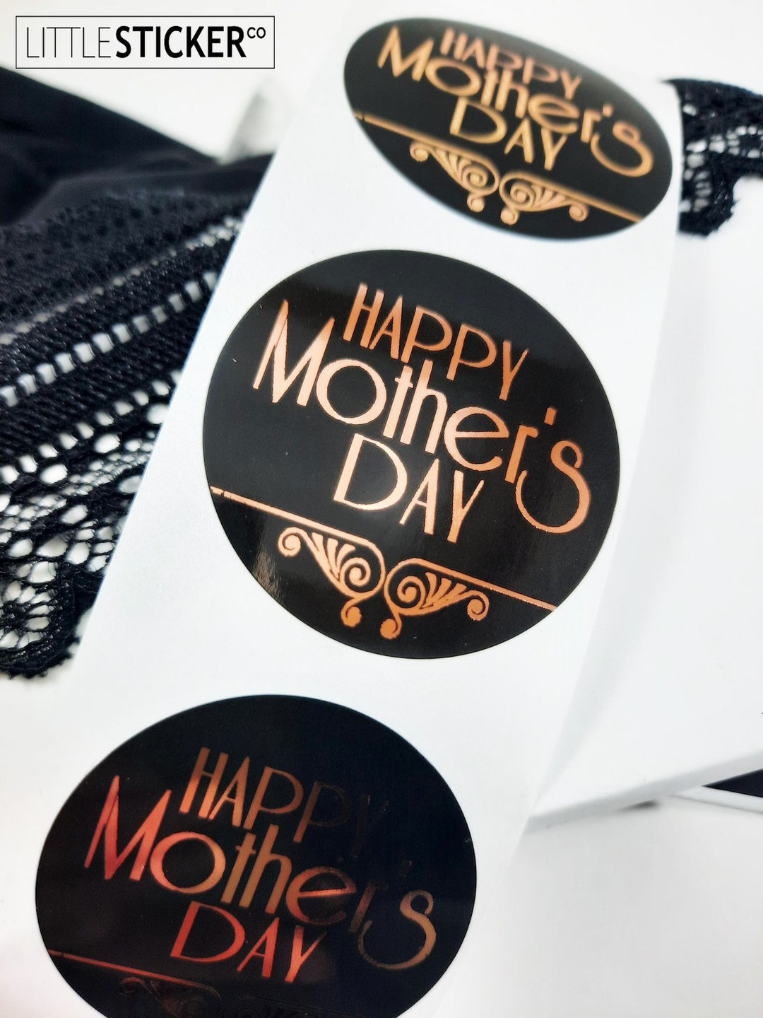 Happy Mother's Day Stickers Black Round Stickers Rose Gold Foil Printed ...