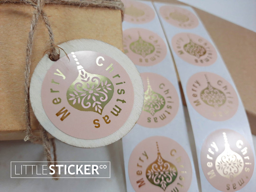 Pink and Gold Christmas Stickers Round 40mm Gloss Pink Buff With Gold ...