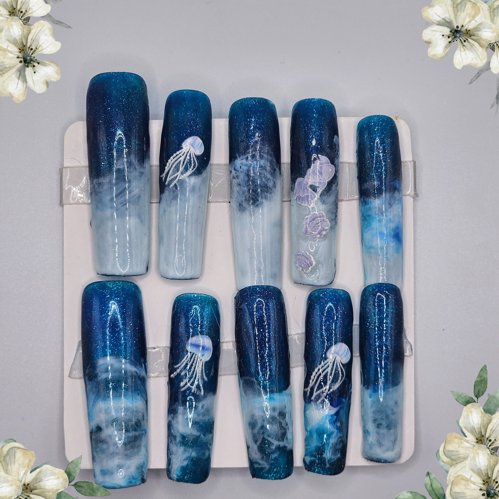 XL Square Shaped Ocean Theme Press on Hand Painted With Jelly Fish ...