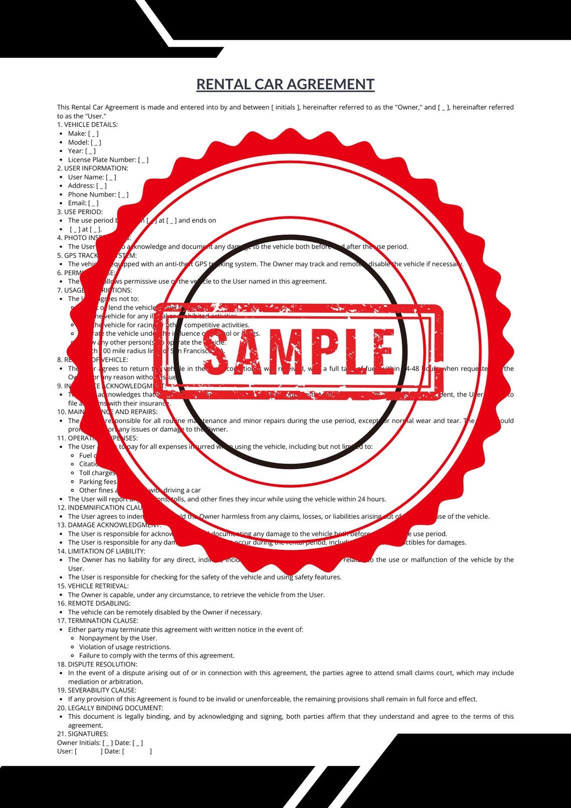 Car Rental Contract Template, Editable Car Rental Agreement, Printable ...