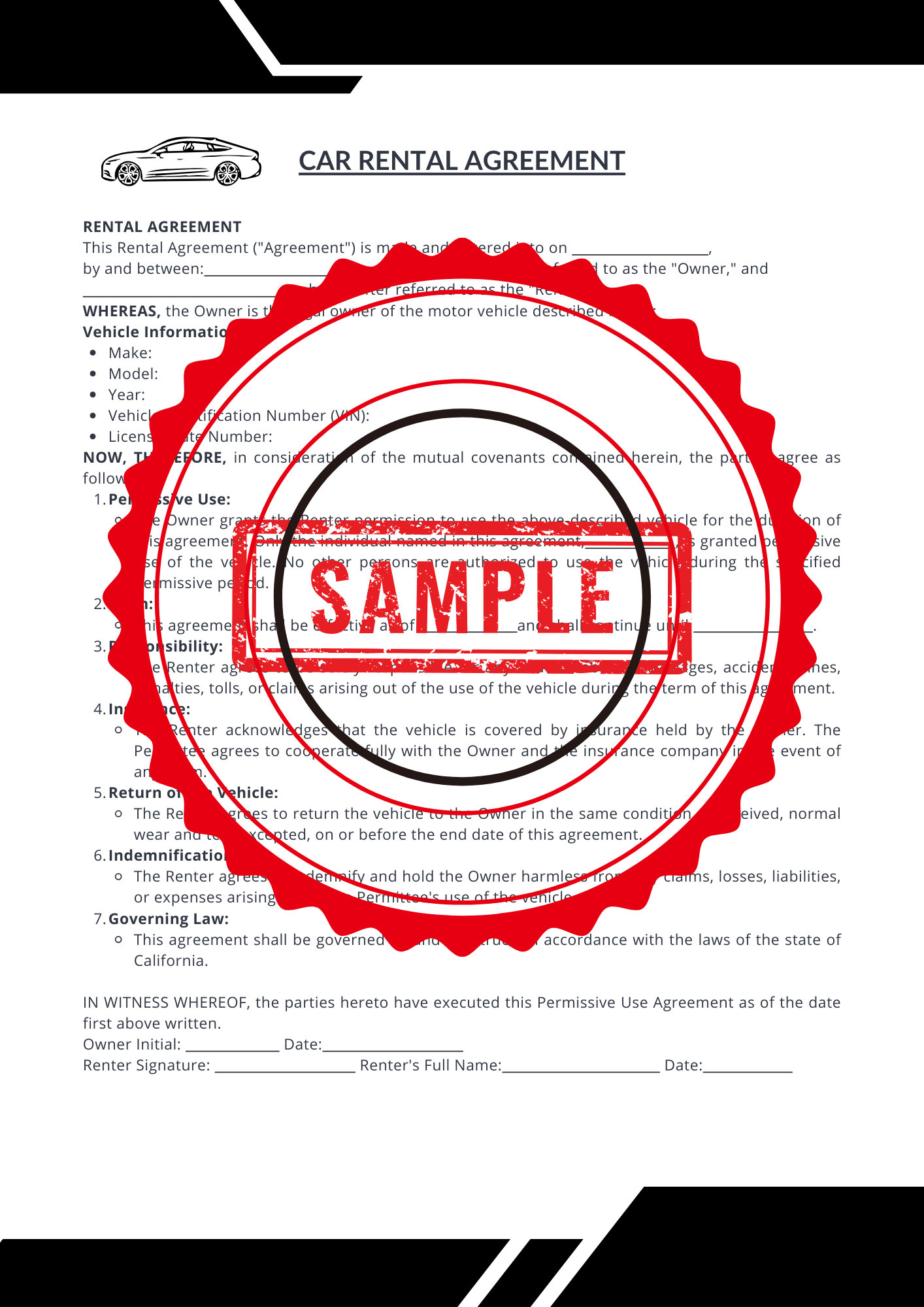 Car Rental Contract Template, Editable Car Rental Agreement, Printable ...
