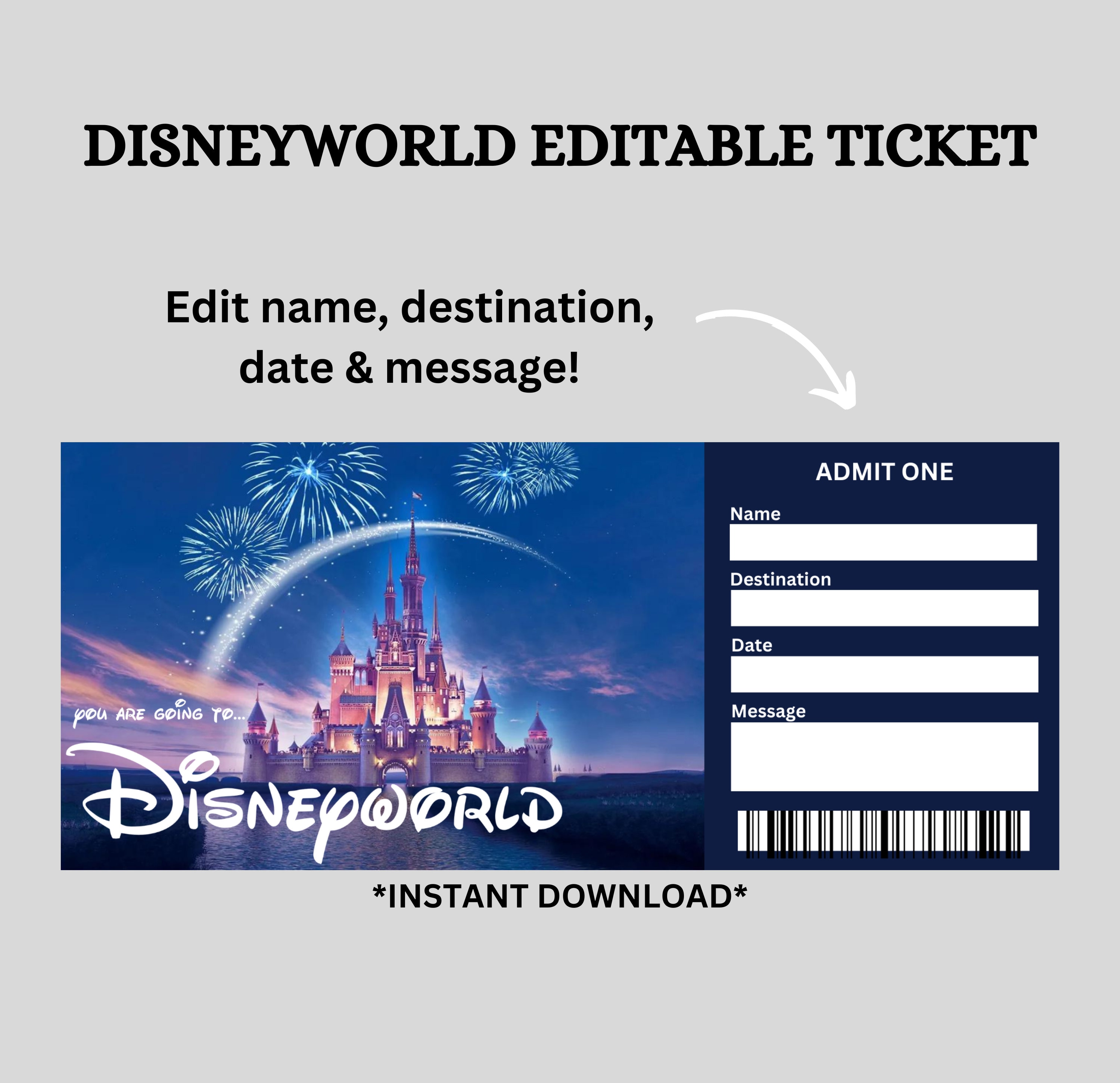 Disney Parks Ticket, Editable Canva Template | Customizable | Digital ...